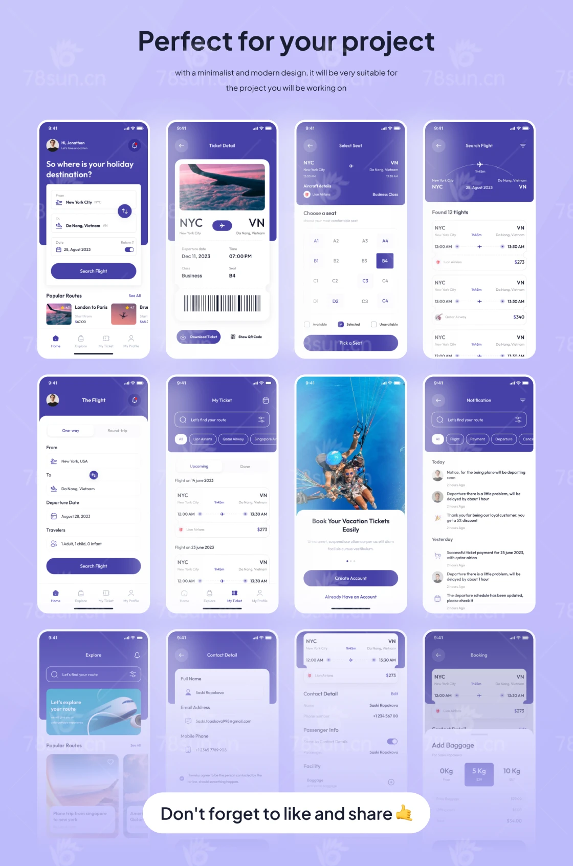 航班预定商务简洁风格移动界面app ui设计模板-向日葵资源站